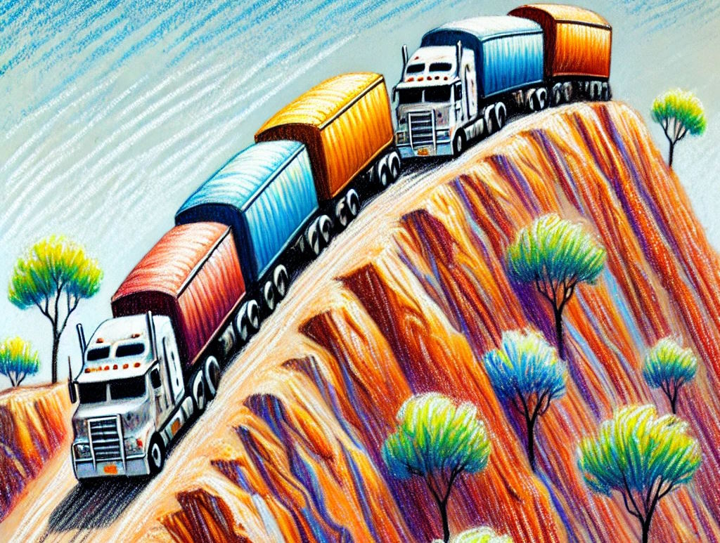 Driving a road train or heavy combination vehicle up and downhill